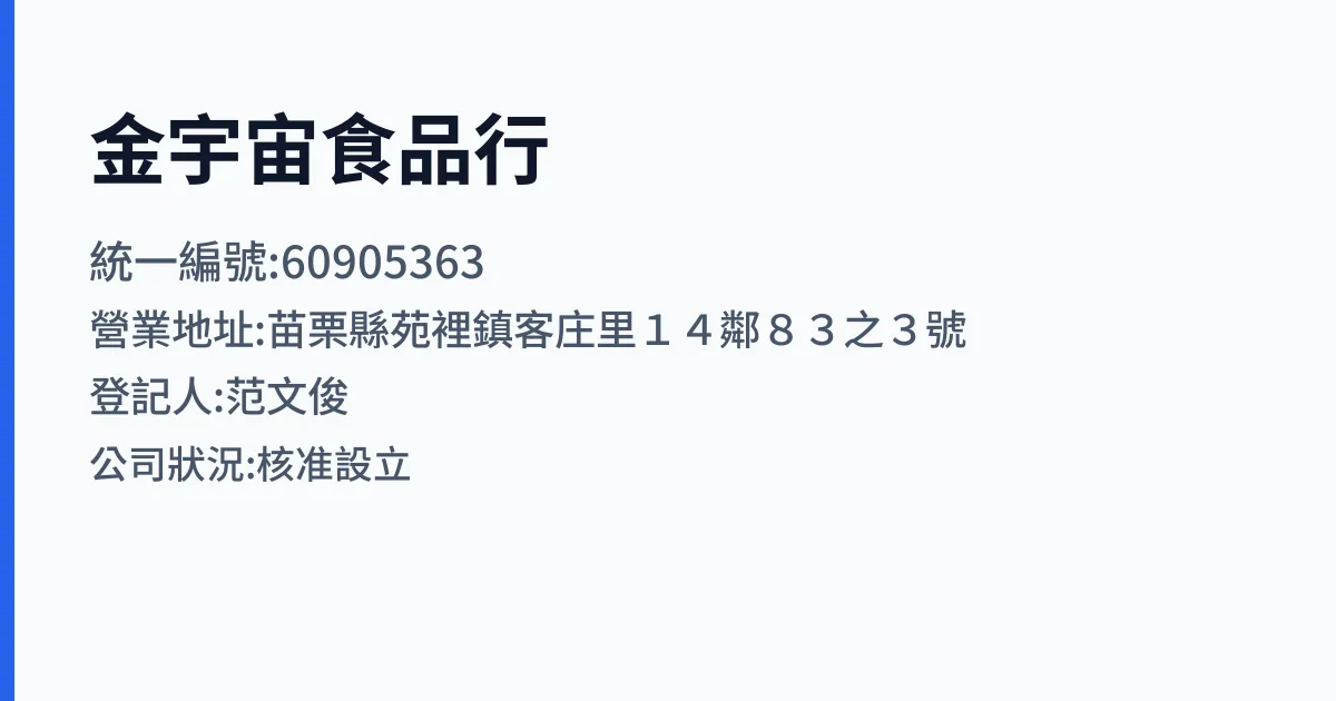 金宇宙食品行 - 統編 60905363(苗栗縣) 公司登記資料與營業項目詳細圖表