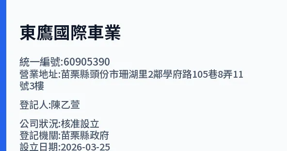 東鷹國際車業的照片-統編 60905390(苗栗縣) 公司登記資料與營業項目詳細圖表
