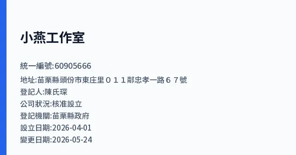 小燕工作室的照片-統編 60905666(苗栗縣) 公司登記資料與營業項目詳細圖表