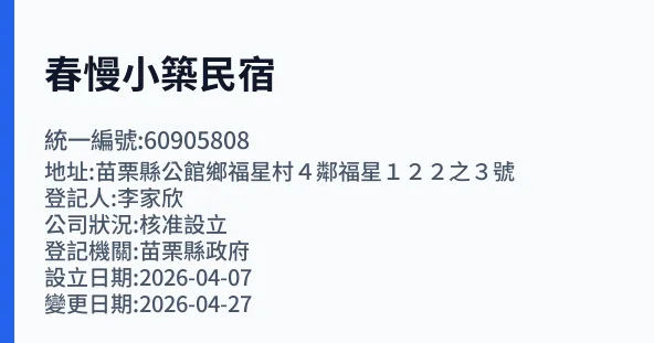 春慢小築民宿的照片-統編 60905808(苗栗縣) 公司登記資料與營業項目詳細圖表