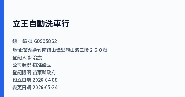 立王自動洗車行的照片-統編 60905862(苗栗縣) 公司登記資料與營業項目詳細圖表