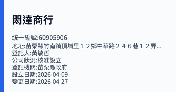 閎達商行的照片-統編 60905906(苗栗縣) 公司登記資料與營業項目詳細圖表