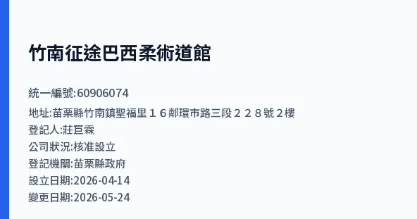 竹南征途巴西柔術道館的照片-統編 60906074(苗栗縣) 公司登記資料與營業項目詳細圖表