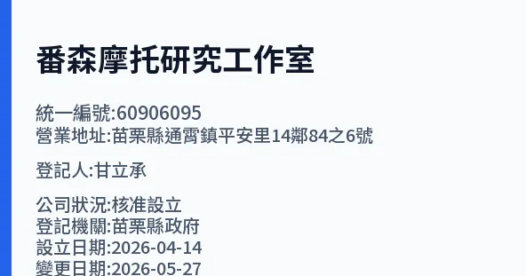 番森摩托研究工作室的照片-統編 60906095 公司登記資料與營業項目詳細圖表
