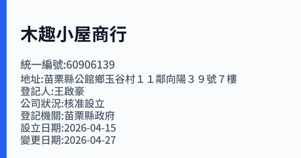 木趣小屋商行的照片-統編 60906139(苗栗縣) 公司登記資料與營業項目詳細圖表