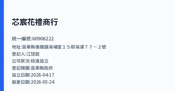芯宸花禮商行的照片-統編 60906222(苗栗縣) 公司登記資料與營業項目詳細圖表