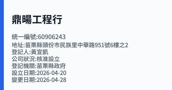 鼎暘工程行的照片-統編 60906243(苗栗縣) 公司登記資料與營業項目詳細圖表