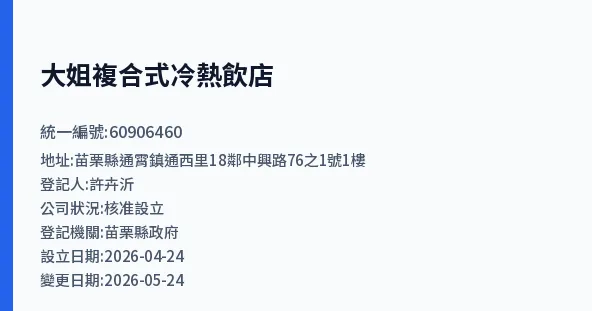 大姐複合式冷熱飲店的照片-統編 60906460(苗栗縣) 公司登記資料與營業項目詳細圖表