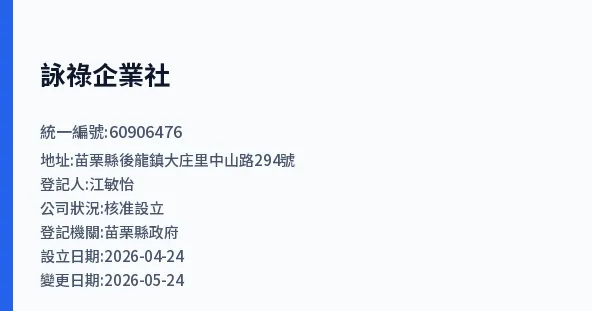 詠祿企業社的照片-統編 60906476(苗栗縣) 公司登記資料與營業項目詳細圖表