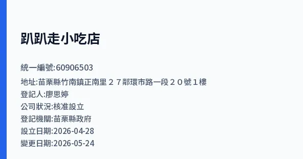 趴趴走小吃店的照片-統編 60906503(苗栗縣) 公司登記資料與營業項目詳細圖表