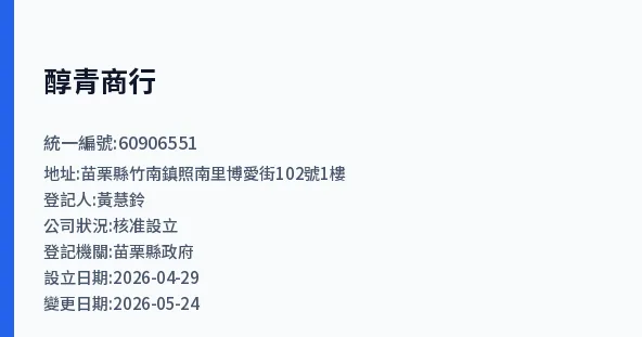 醇青商行的照片-統編 60906551(苗栗縣) 公司登記資料與營業項目詳細圖表