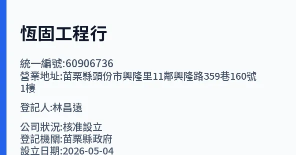 恆固工程行的照片-統編 60906736(苗栗縣) 公司登記資料與營業項目詳細圖表