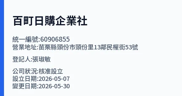 百町日購企業社的照片-統編 60906855(苗栗縣) 公司登記資料與營業項目詳細圖表