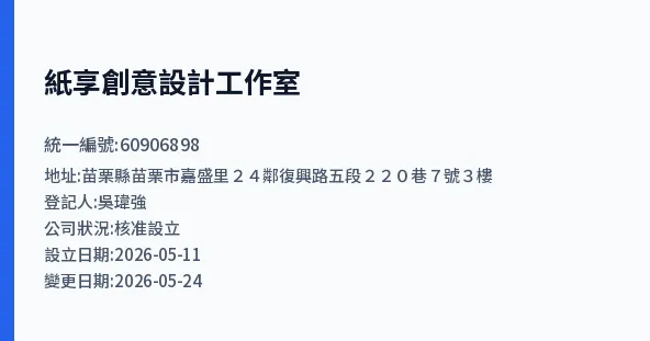 紙享創意設計工作室的照片-統編 60906898(苗栗縣) 公司登記資料與營業項目詳細圖表