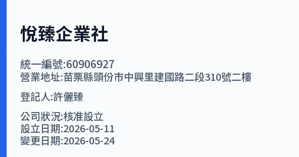 悅臻企業社的照片-統編 60906927(苗栗縣) 公司登記資料與營業項目詳細圖表