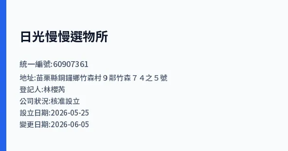 日光慢慢選物所的照片-統編 60907361(苗栗縣) 公司登記資料與營業項目詳細圖表