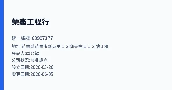 榮鑫工程行的照片-統編 60907377(苗栗縣) 公司登記資料與營業項目詳細圖表