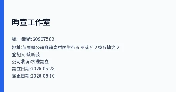 昀宣工作室的照片-統編 60907502(苗栗縣) 公司登記資料與營業項目詳細圖表