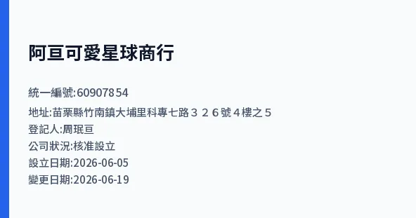阿亘可愛星球商行的照片-統編 60907854(苗栗縣) 公司登記資料與營業項目詳細圖表