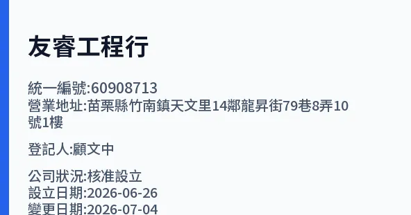 友睿工程行的照片-統編 60908713(苗栗縣) 公司登記資料與營業項目詳細圖表