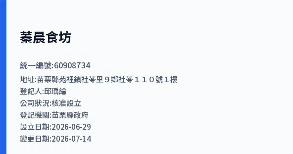蓁晨食坊的照片-統編 60908734(苗栗縣) 公司登記資料與營業項目詳細圖表