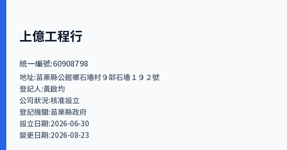 上億工程行的照片-統編 60908798(苗栗縣) 公司登記資料與營業項目詳細圖表