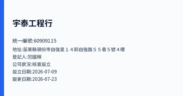 宇泰工程行的照片-統編 60909115(苗栗縣) 公司登記資料與營業項目詳細圖表