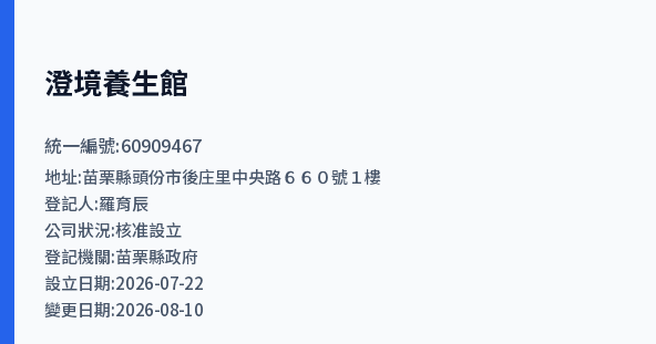 澄境養生館的照片-統編 60909467(苗栗縣) 公司登記資料與營業項目詳細圖表