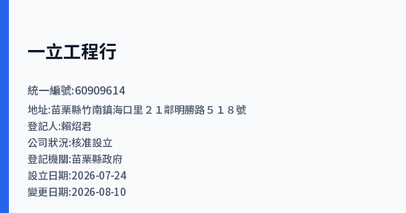 一立工程行的照片-統編 60909614(苗栗縣) 公司登記資料與營業項目詳細圖表