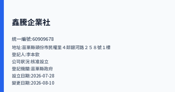鑫騰企業社的照片-統編 60909678(苗栗縣) 公司登記資料與營業項目詳細圖表