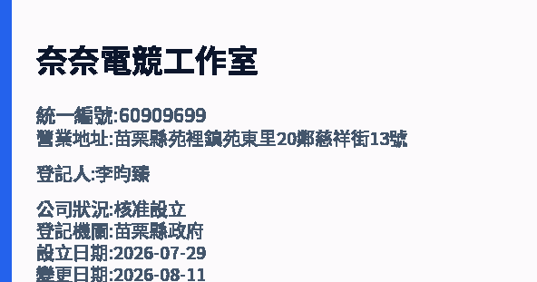 奈奈電競工作室的照片-統編 60909699(苗栗縣) 公司登記資料與營業項目詳細圖表