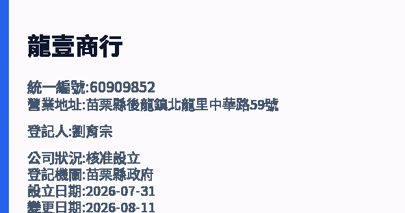 龍壹商行的照片-統編 60909852(苗栗縣) 公司登記資料與營業項目詳細圖表