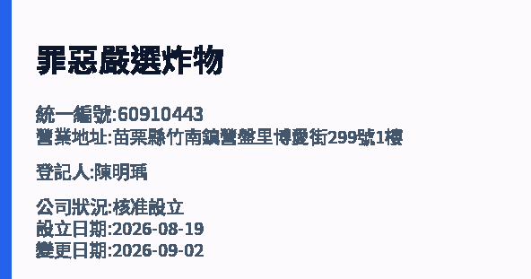 罪惡嚴選炸物的照片-統編 60910443(苗栗縣) 公司登記資料與營業項目詳細圖表