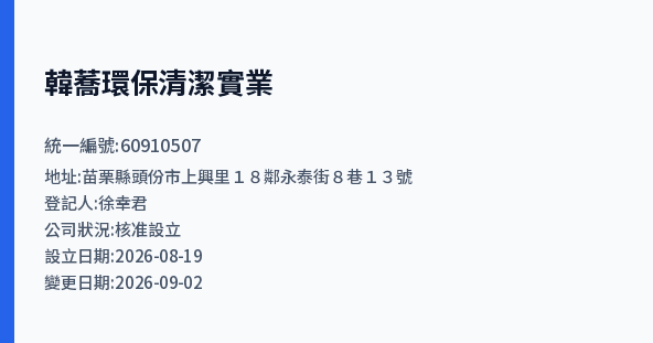 韓蕎環保清潔實業的照片-統編 60910507(苗栗縣) 公司登記資料與營業項目詳細圖表