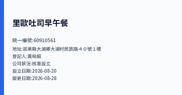 里歐吐司早午餐的照片-統編 60910561(苗栗縣) 公司登記資料與營業項目詳細圖表