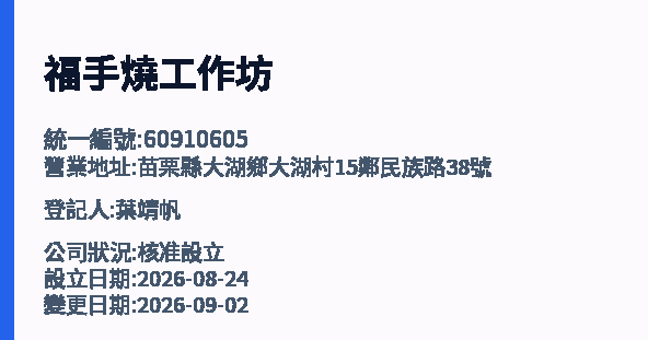 福手燒工作坊的照片-統編 60910605(苗栗縣) 公司登記資料與營業項目詳細圖表