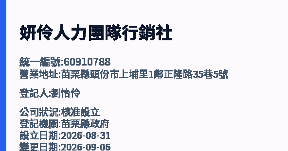 妍伶人力團隊行銷社的照片-統編 60910788(苗栗縣) 公司登記資料與營業項目詳細圖表