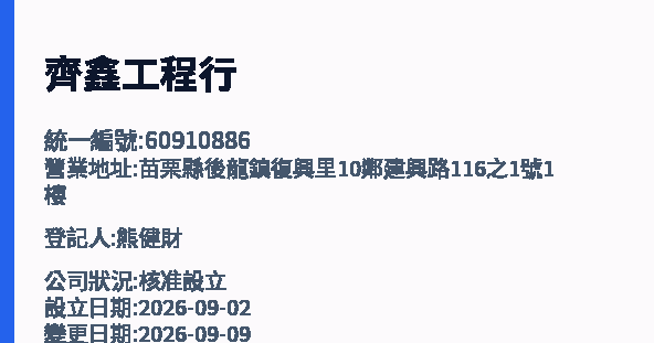 齊鑫工程行的照片-統編 60910886(苗栗縣) 公司登記資料與營業項目詳細圖表