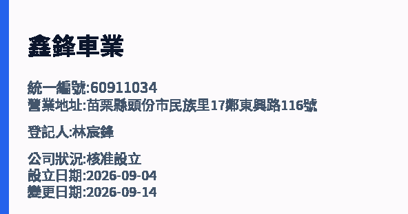 鑫鋒車業的照片-統編 60911034(苗栗縣) 公司登記資料與營業項目詳細圖表