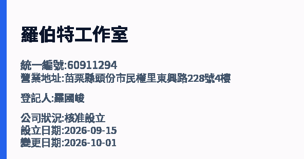 羅伯特工作室的照片-統編 60911294(苗栗縣) 公司登記資料與營業項目詳細圖表