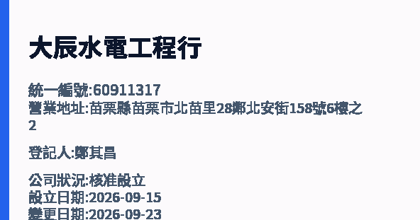 大辰水電工程行的照片-統編 60911317(苗栗縣) 公司登記資料與營業項目詳細圖表