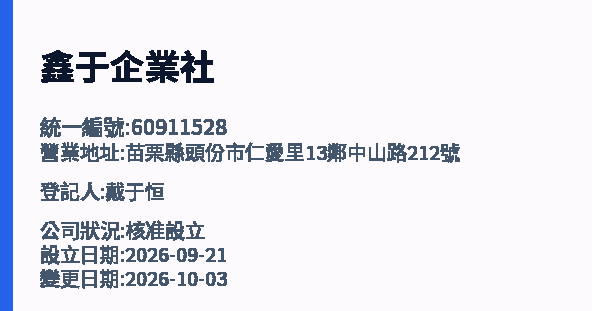 鑫于企業社的照片-統編 60911528(苗栗縣) 公司登記資料與營業項目詳細圖表