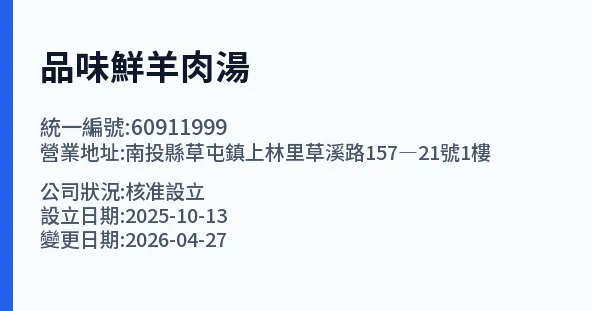 品味鮮羊肉湯的照片-統編 60911999(南投縣) 公司登記資料與營業項目詳細圖表