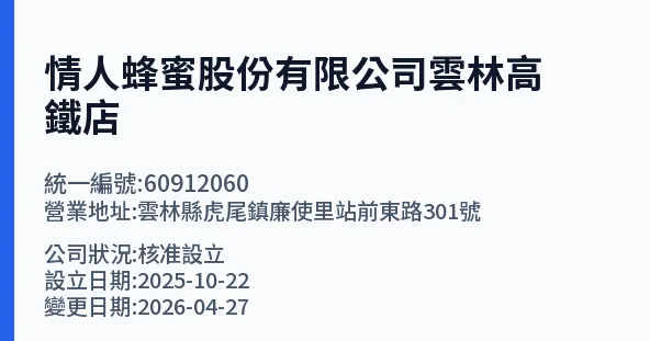 情人蜂蜜股份有限公司雲林高鐵店的照片-統編 60912060(雲林縣) 公司登記資料與營業項目詳細圖表