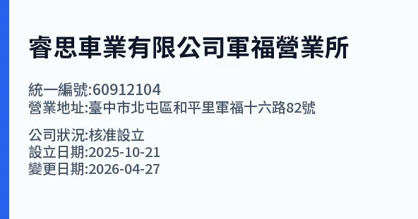 睿思車業有限公司軍福營業所的照片-統編 60912104(臺中市) 公司登記資料與營業項目詳細圖表