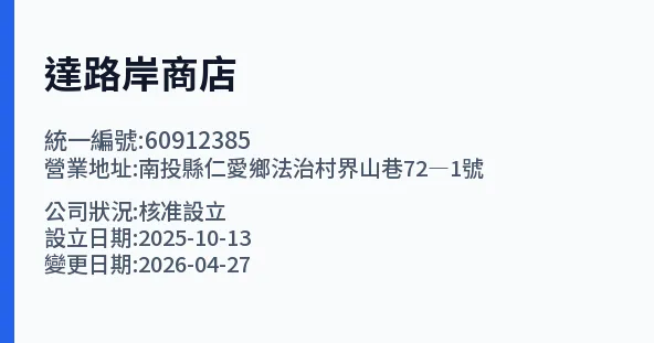 達路岸商店的照片-統編 60912385(南投縣) 公司登記資料與營業項目詳細圖表