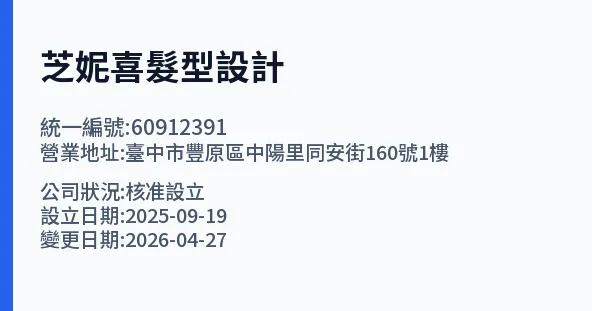 芝妮喜髮型設計的照片-統編 60912391(臺中市) 公司登記資料與營業項目詳細圖表