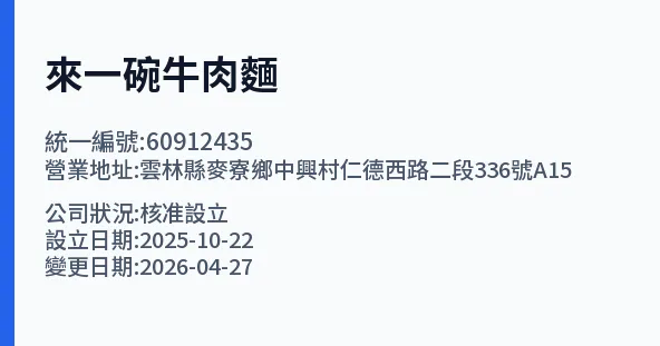 來一碗牛肉麵的照片-統編 60912435(雲林縣) 公司登記資料與營業項目詳細圖表