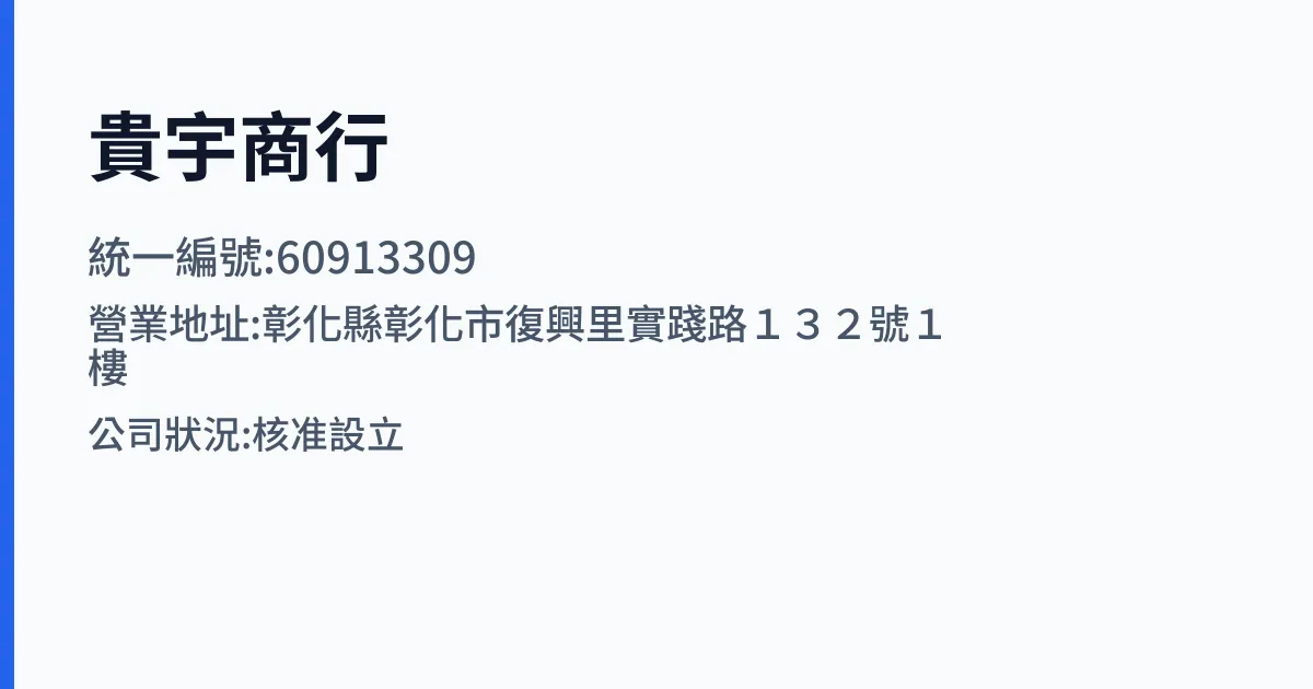貴宇商行 - 統編 60913309(彰化縣) 公司登記資料與營業項目詳細圖表