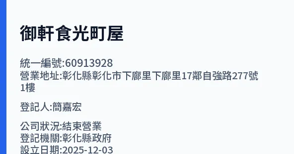 御軒食光町屋的照片-統編 60913928(彰化縣) 公司登記資料與營業項目詳細圖表